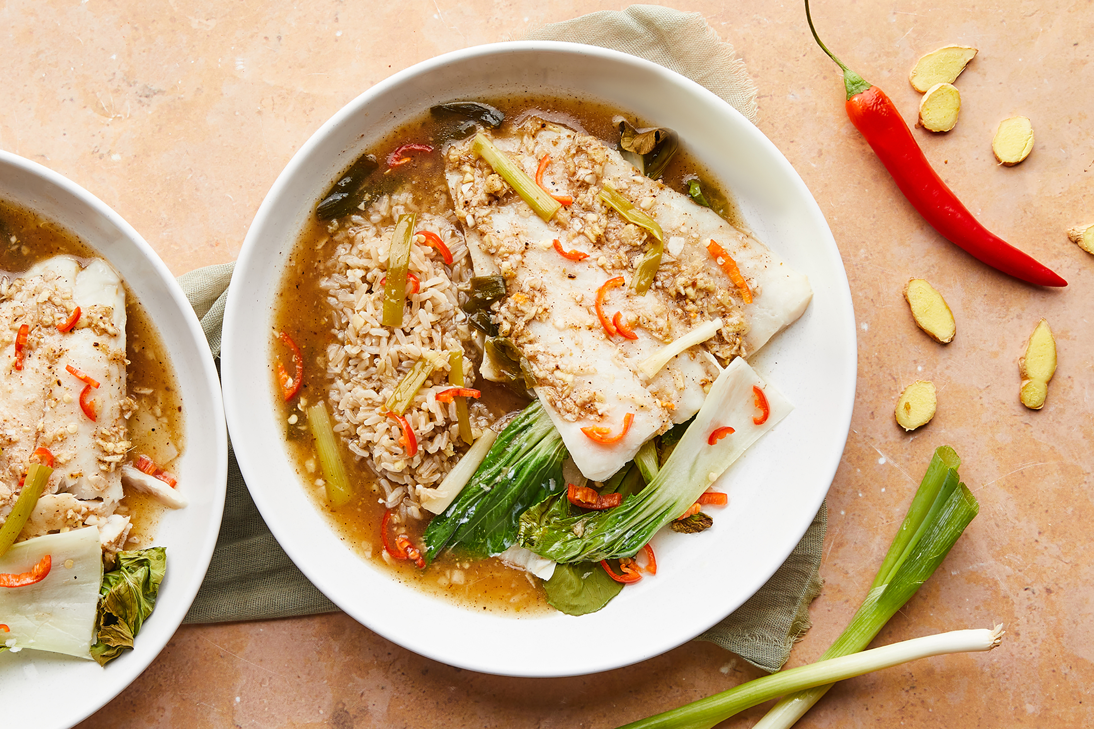 Five-Spice Broth with Steamed Hake & Pak Choi